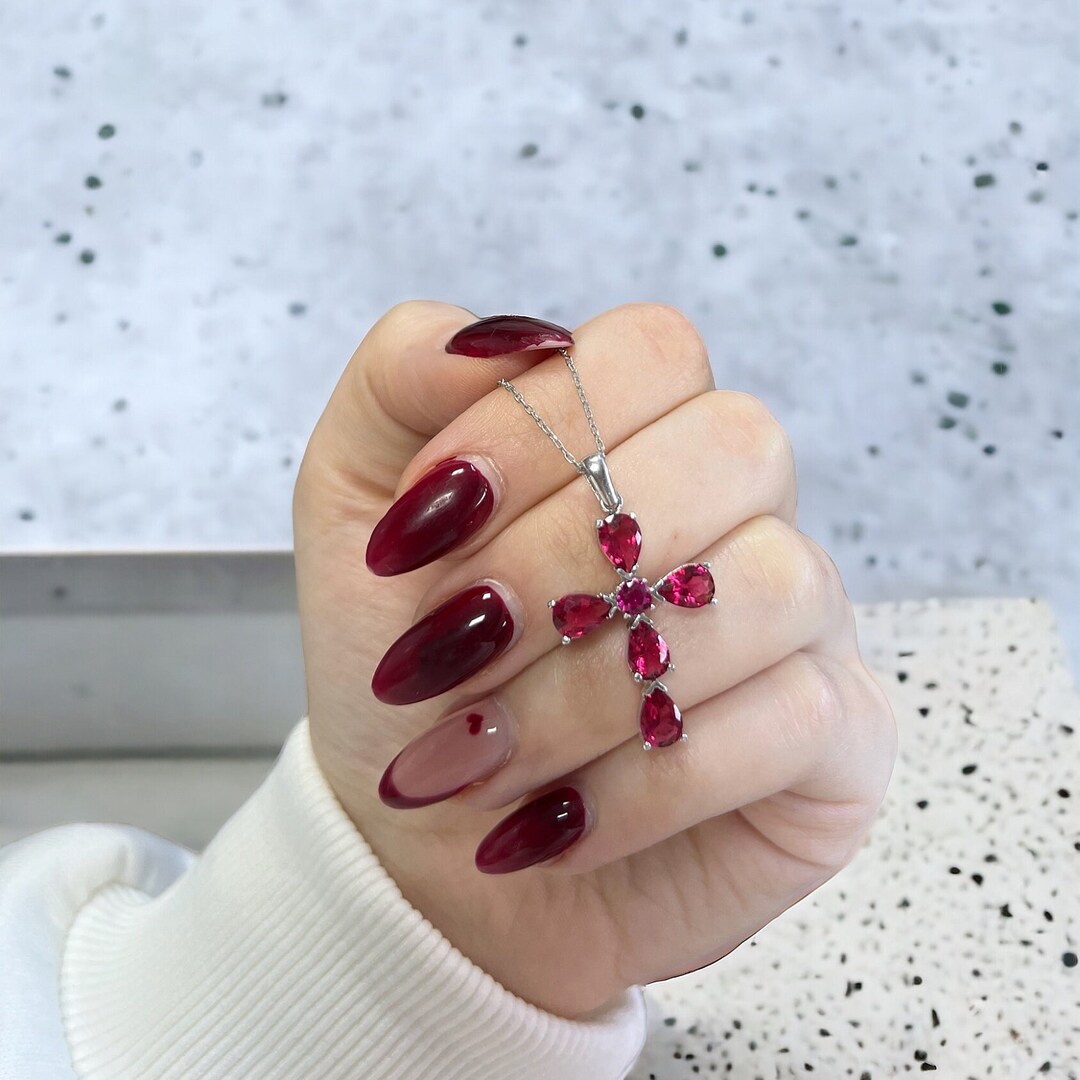 14K Solid Gold Cross Necklace: Red Crystal Charm, Baptism Gift - Etsy