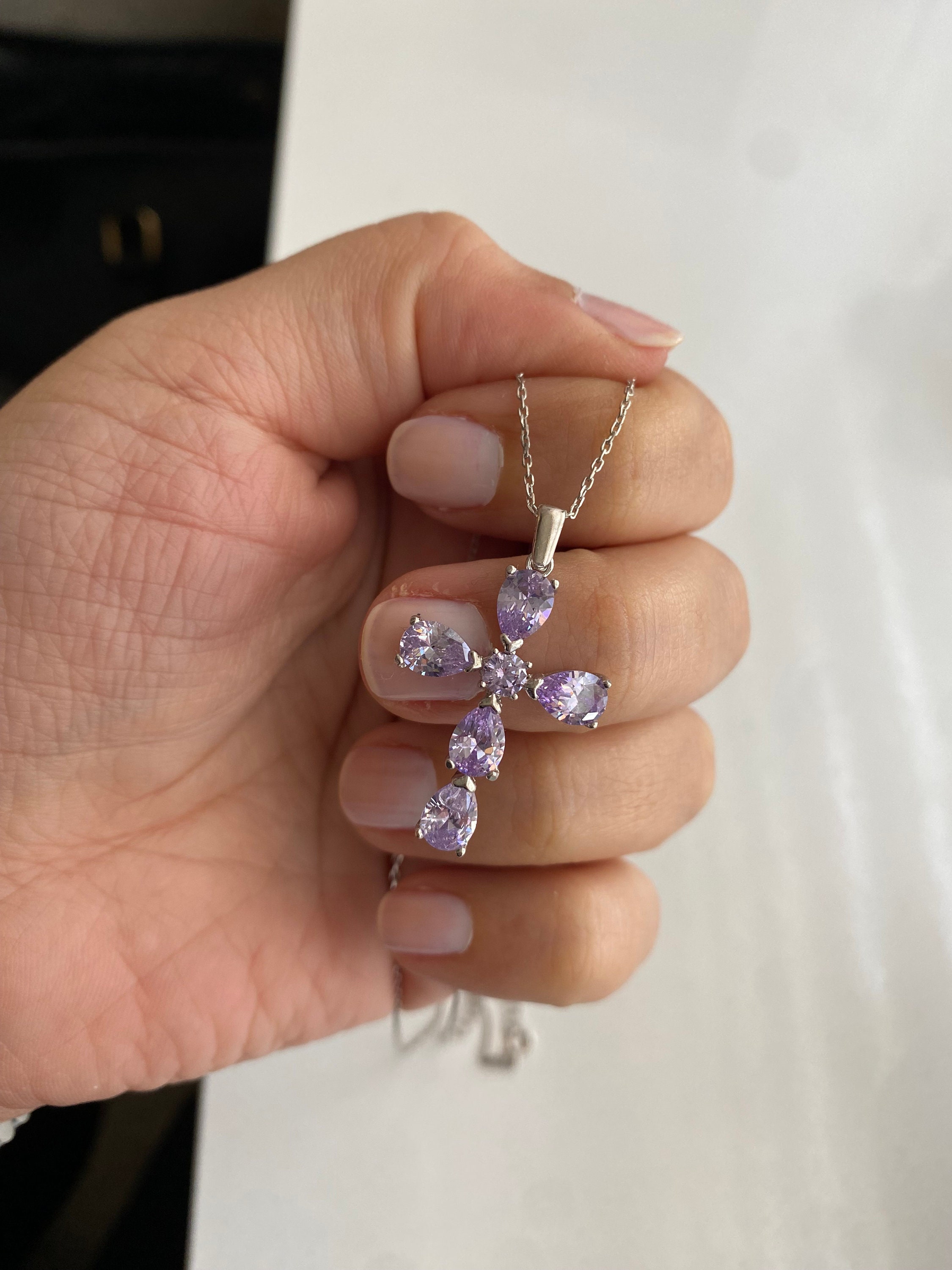 14k Solid Gold Purple Crystal Cross Pendant, Faithful Charm Necklace ...