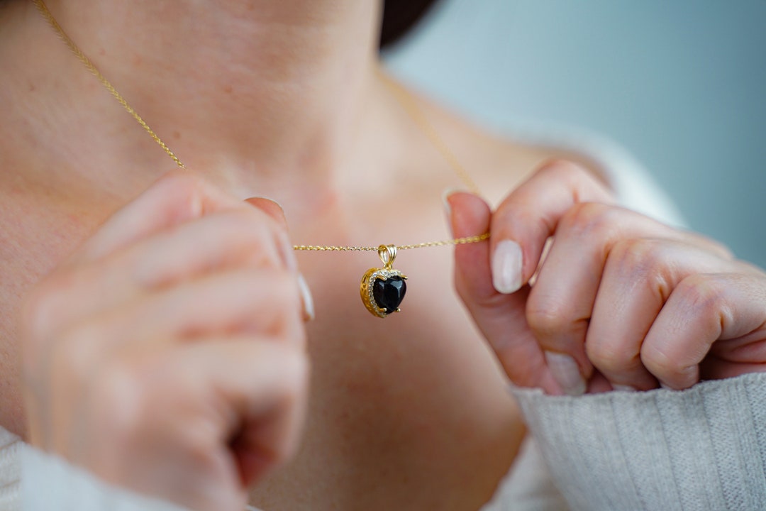 14K Real Gold Black Onyx Heart Necklace, Dainty Black Onyx Charm, Layering Black Stone Heart ...
