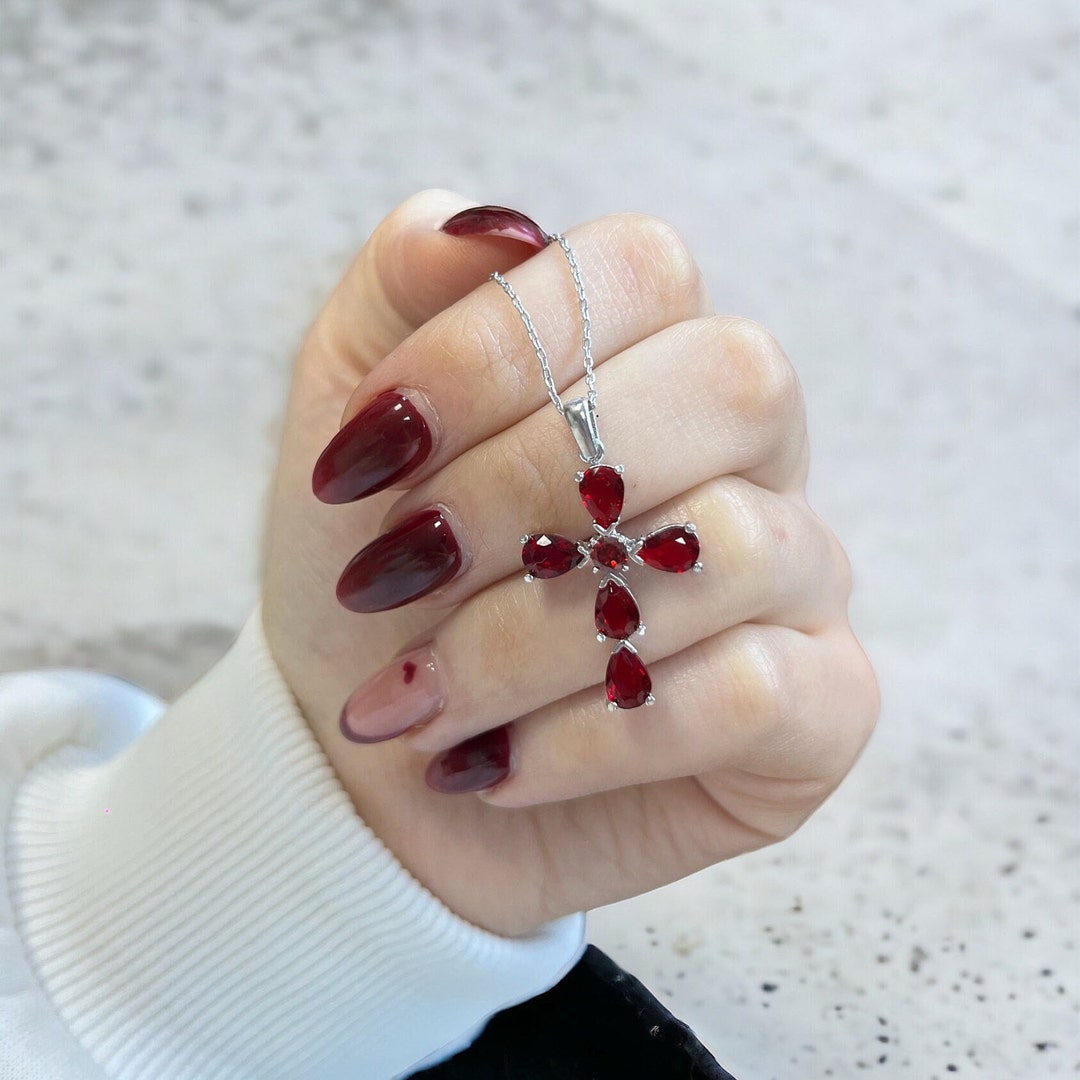 14K Women's Red Ruby Cross Necklace, Handmade Elegant Crystal Cross ...