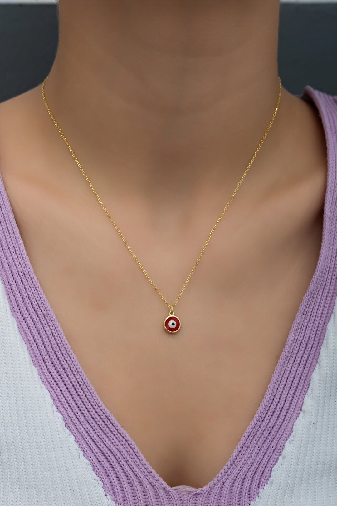 Minimalist 14K Real Gold Red Eye Necklace, Turkish Evil Eye Pendant ...