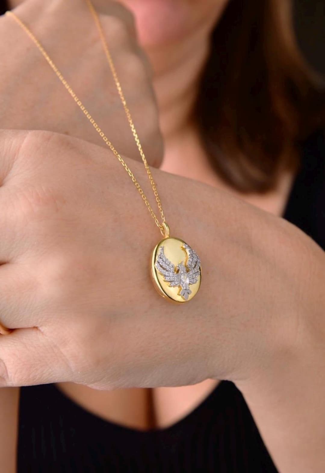 Phoenix Locket Necklace With Photo: 14K Gold Engraved Oval - Etsy