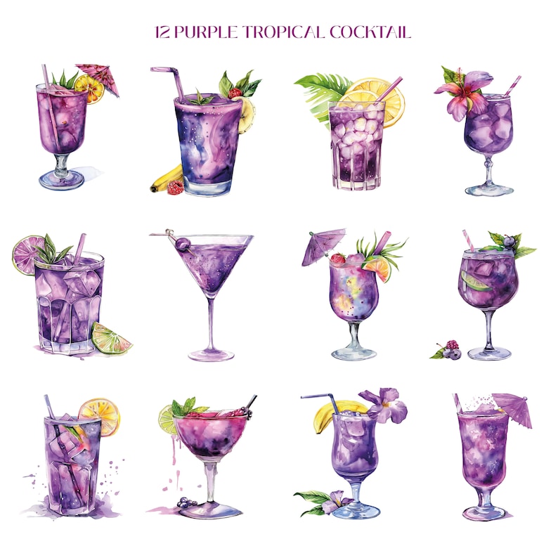 Watercolor Purple Tropical Cocktail Clipart Bundle Party Cocktails ...