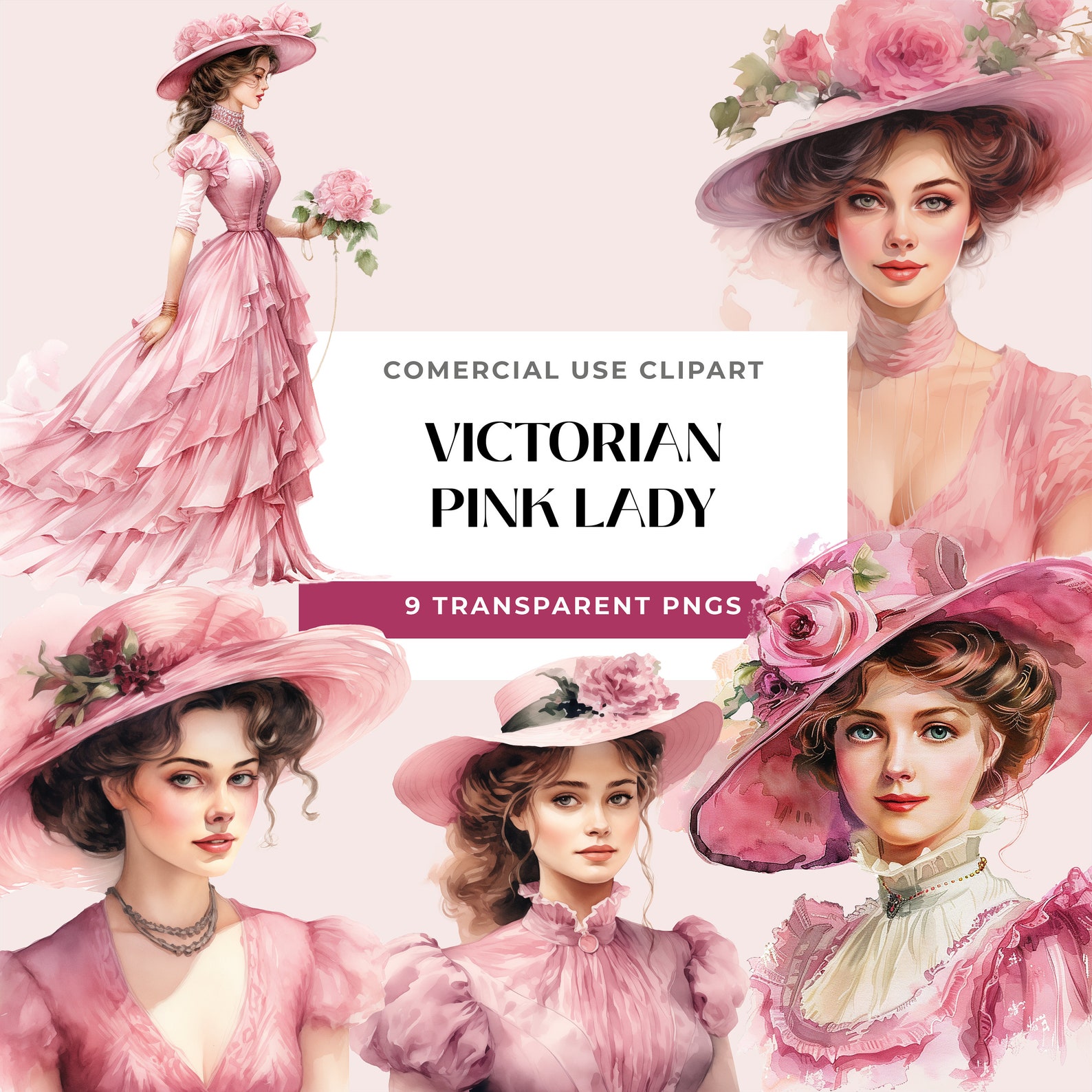 Victorian Pink Lady Clipart – Watercolor Vintage Women Stickers ...