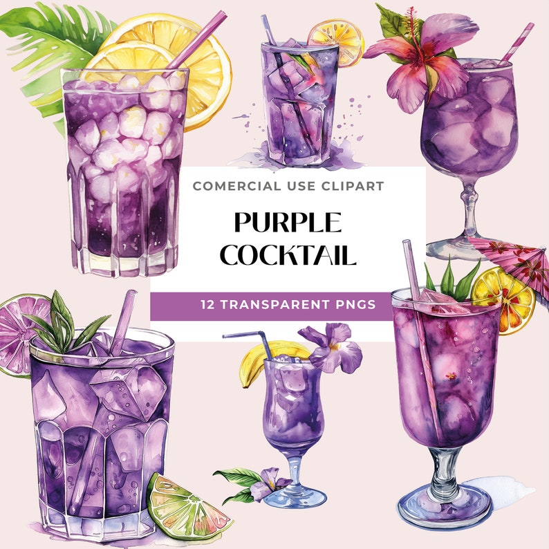 Watercolor Purple Tropical Cocktail, Clipart Bundle, Party Cocktails ...