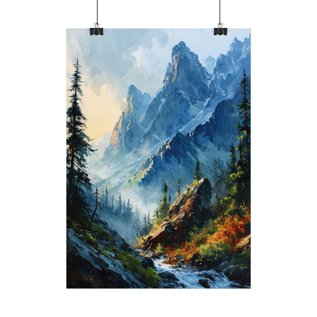 Mountain Landscape Watercolor Poster - Calming Nature, 4 Sizes, Matt ...