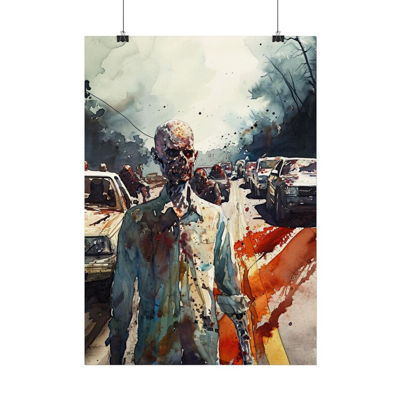 Zombie Horde on Highway Watercolor Poster - Apocalyptic Scene, 4 Sizes ...