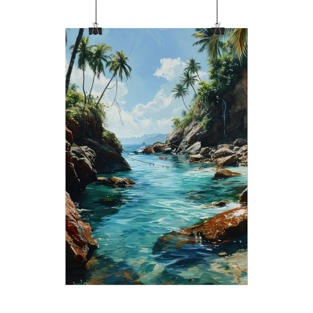 Rocky Tropical Beach and Palm Trees Poster - Paradise Coast, 4 Sizes ...
