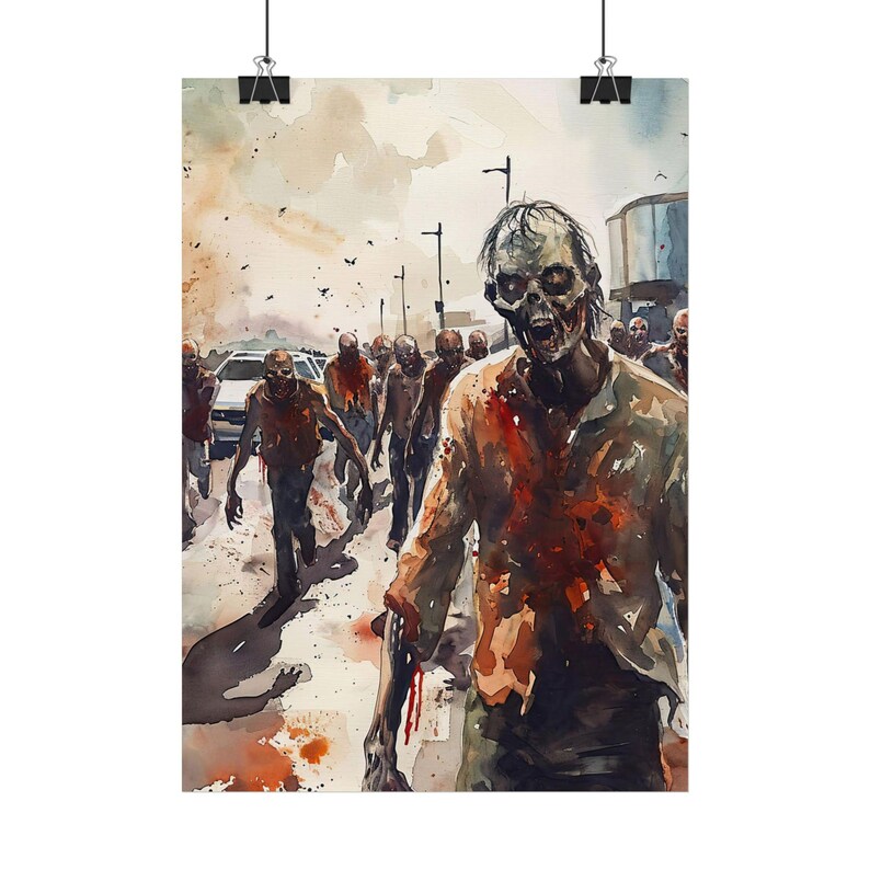 Zombie Horde on Highway Watercolor Poster - Apocalyptic Scene, 4 Sizes ...