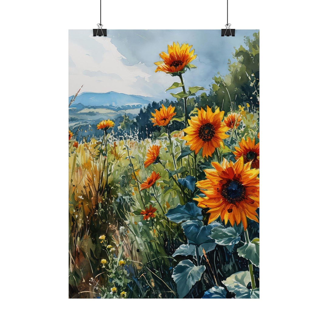 Sunflower Meadow Watercolor Poster - Natural Idyll, 4 Sizes, Matt/gloss ...