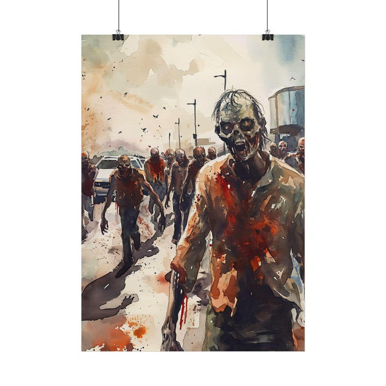 Zombie Horde on Highway Watercolor Poster - Apocalyptic Scene, 4 Sizes ...