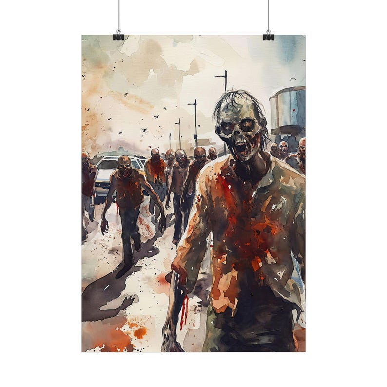 Zombie Horde on Highway Watercolor Poster - Apocalyptic Scene, 4 Sizes ...