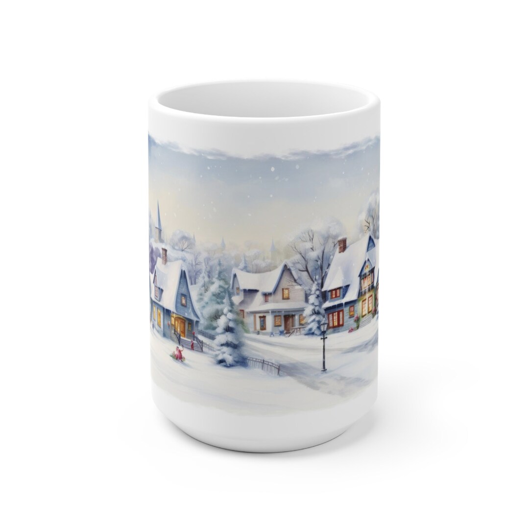 Snowy Winter Village Mug - Watercolor Winter Landscape Mug - Cozy ...