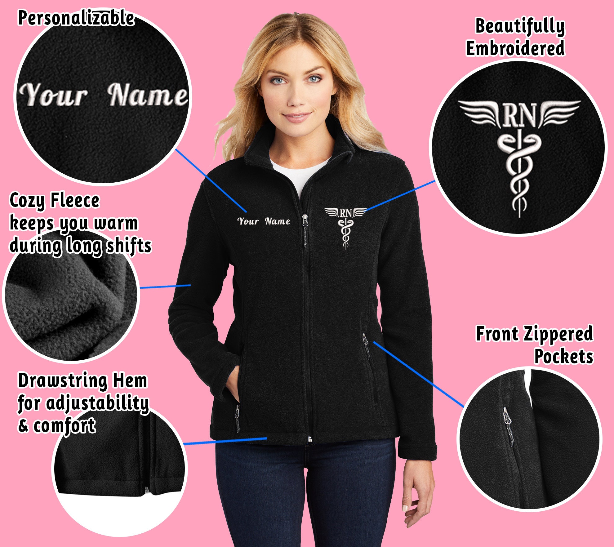 Personalized RN Zip up Embroidered Caduceus Fleece Jacket Comfortable ...