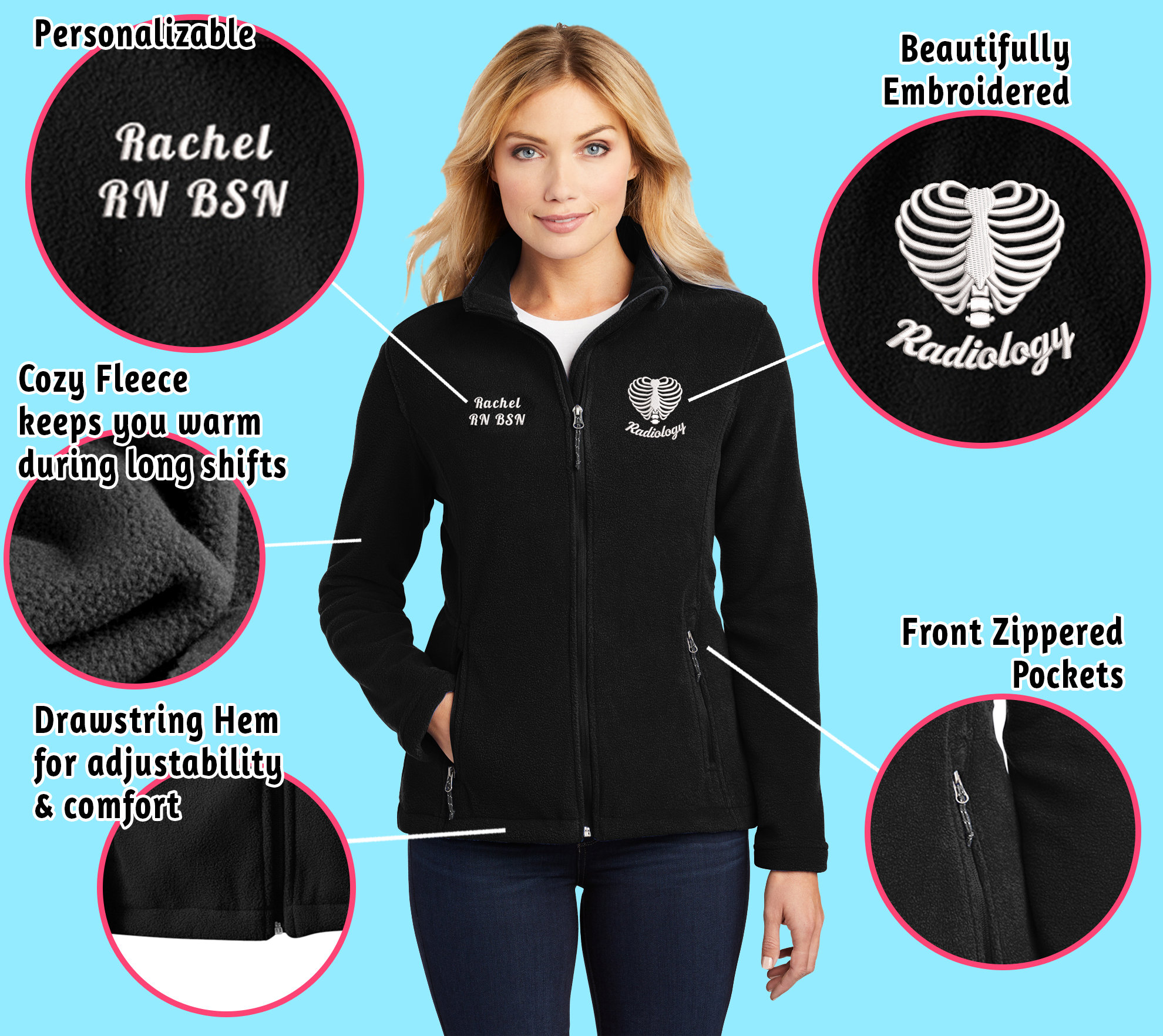 Personalized Radiology Embroidered Zip up Fleece Jacket Comfortable ...