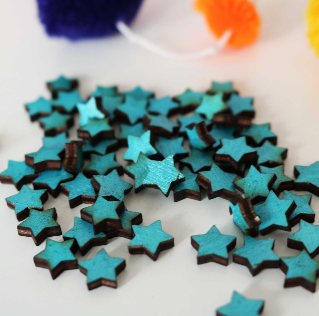 100 Tiny Wooden Teal Star Shapes, Hand Painted Laser Cut Stars Craft ...
