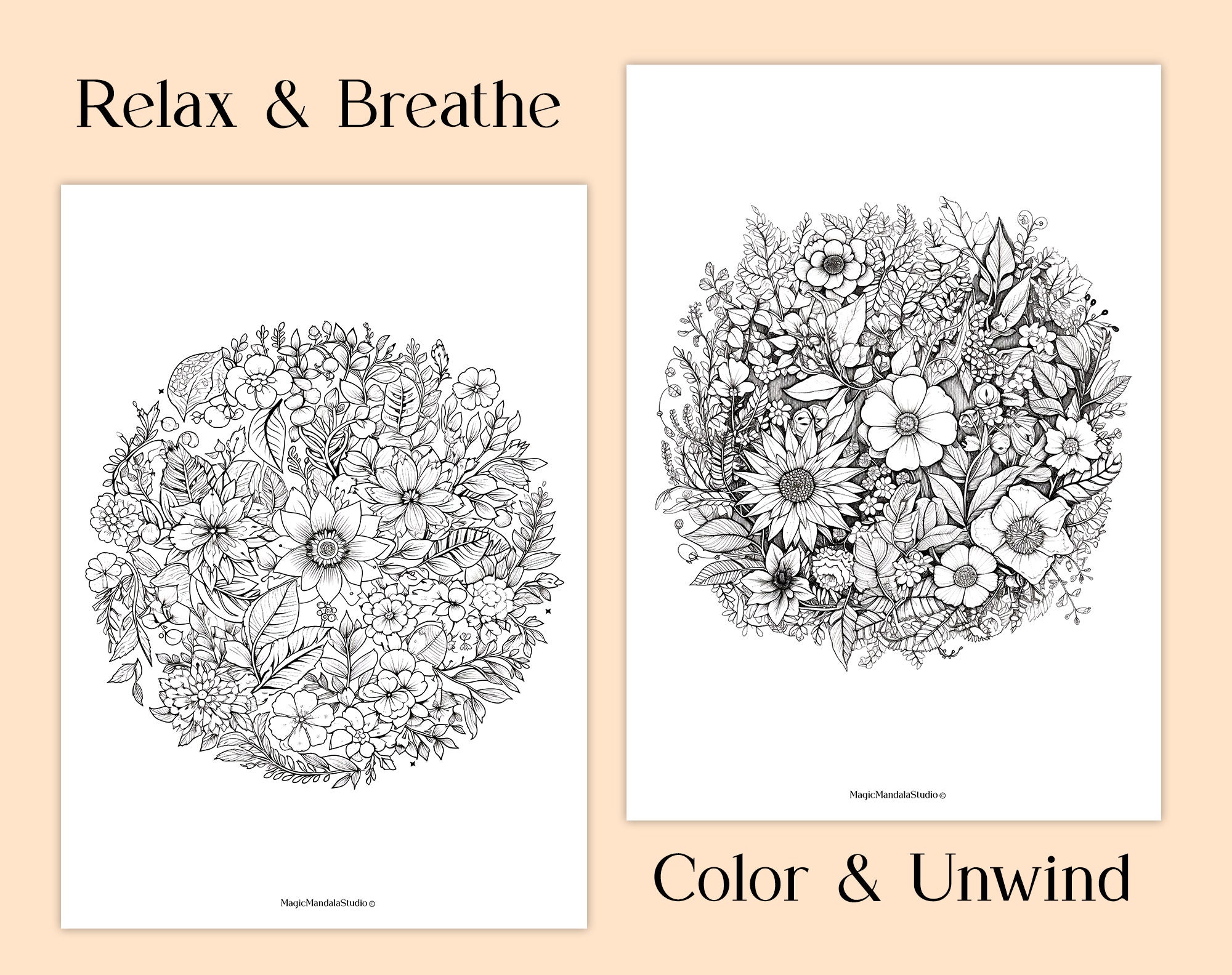 100 Flower and Nature Mandala Coloring Pages for Relaxation - Etsy