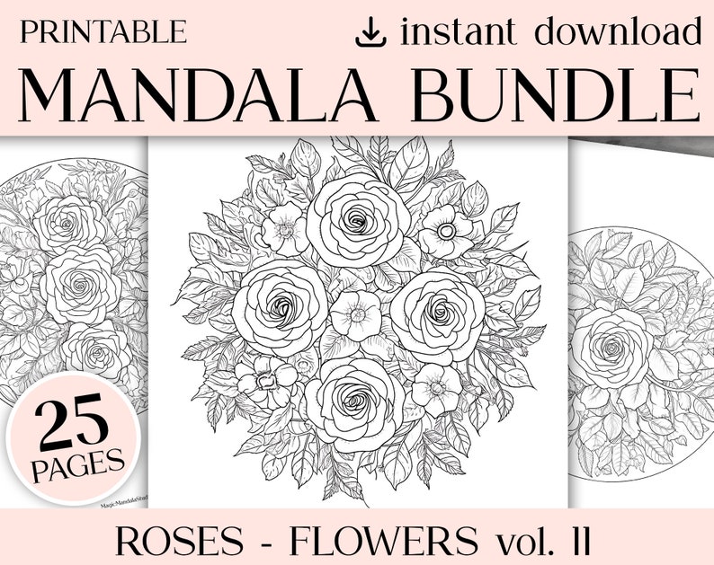 25 Stunning Rose Mandala Coloring Pages Digital Download for Adults ...