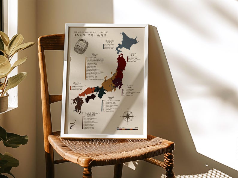 Japanese Whisky Distilleries Decorative Map, Japanese Wall Art Vintage ...