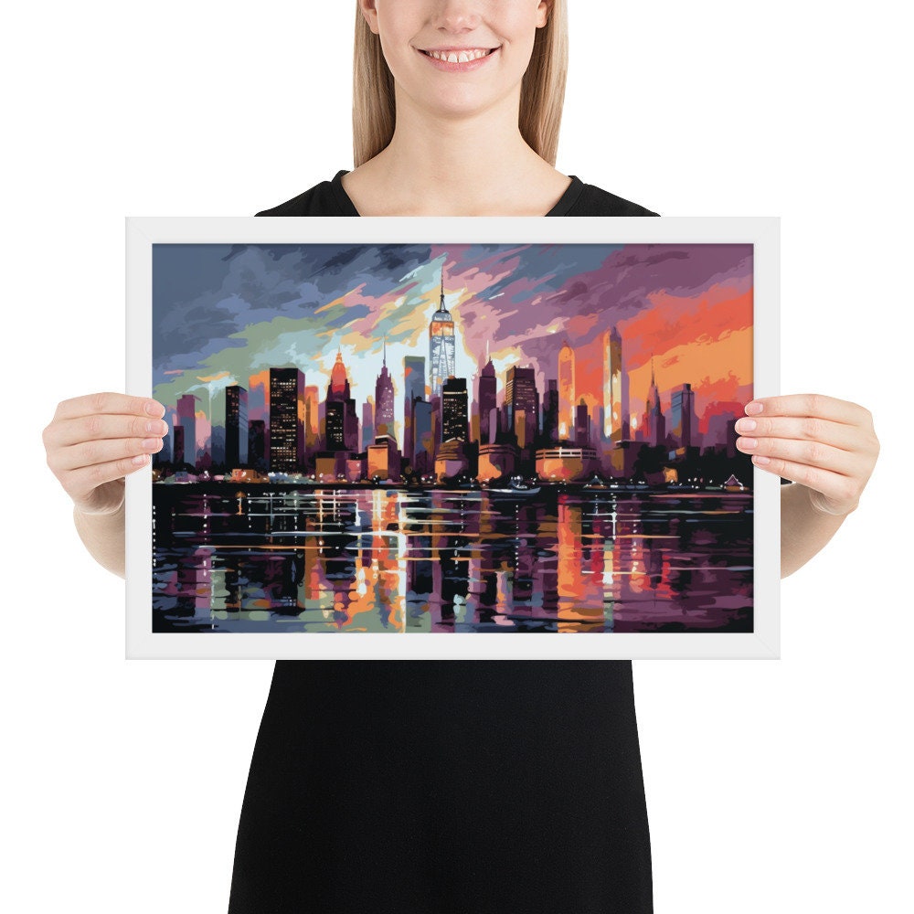 Framed New York City Skyline at Sunset Framed Poster Painting for Home ...
