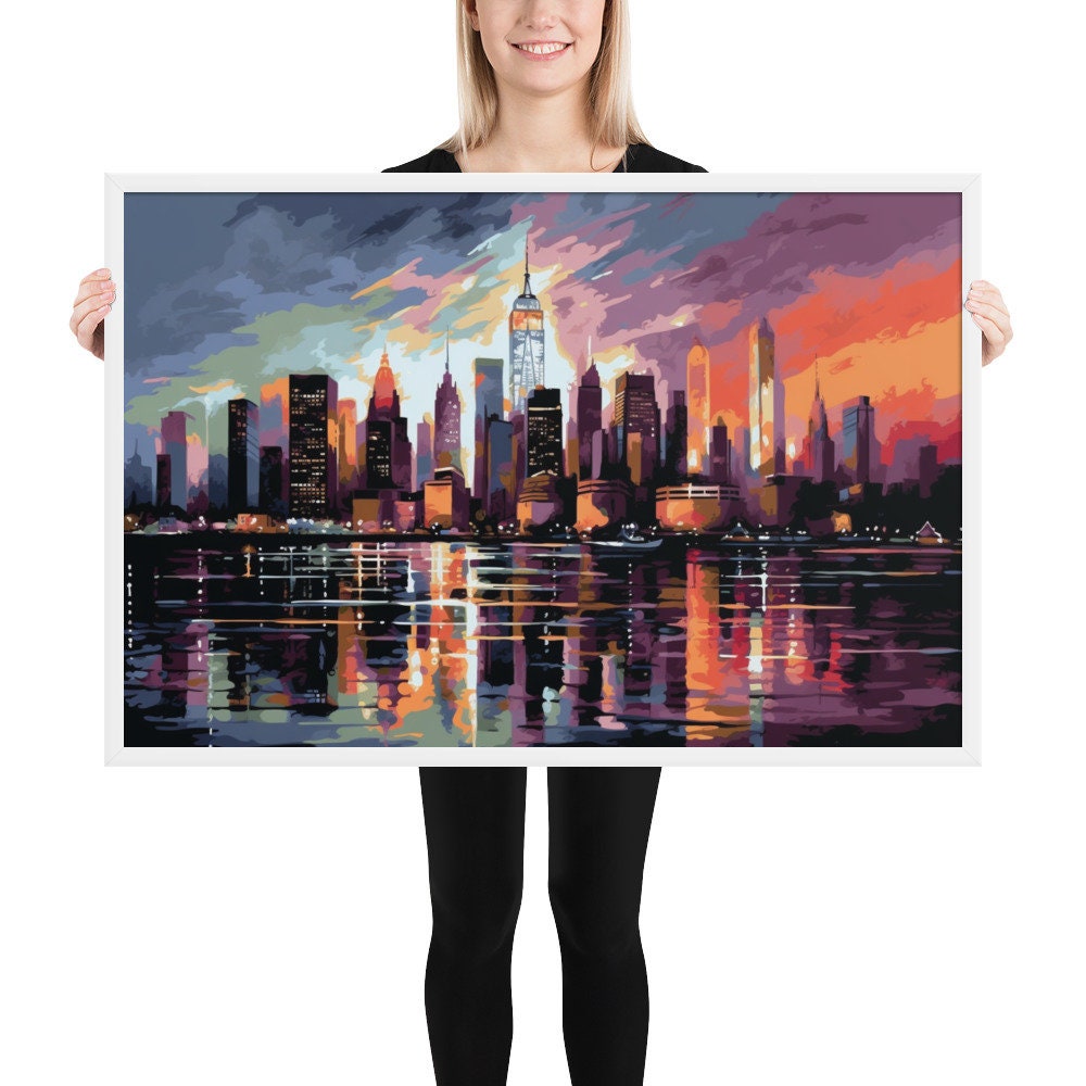 Framed New York City Skyline at Sunset Framed Poster Painting for Home ...