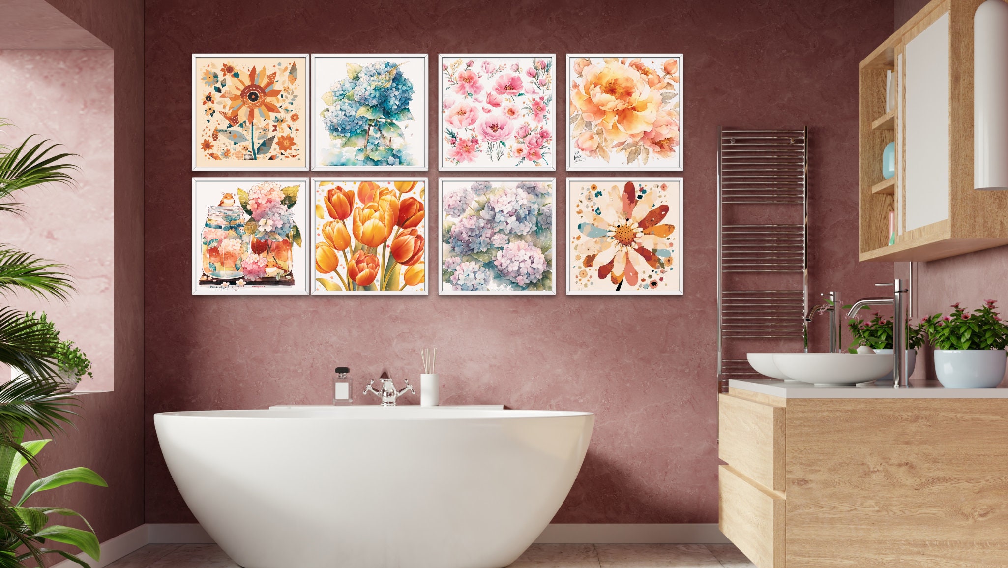 Bathroom Art Gallery Wall Art Set of 8 Vibrant Flowers Digital Art ...
