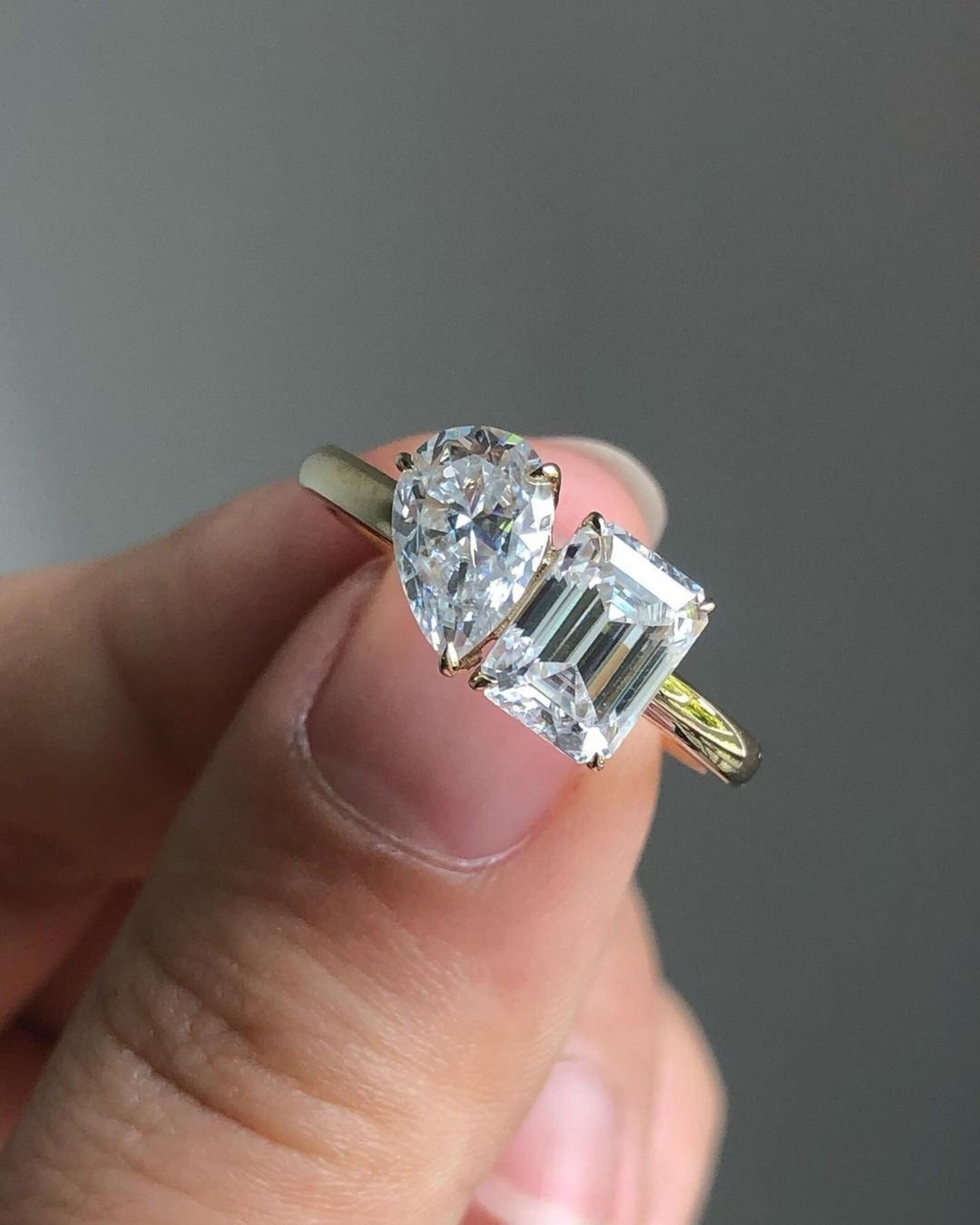 3.0 Carat Double Stone Engagement Ring Pear Cut and Emerald Cut Diamond ...