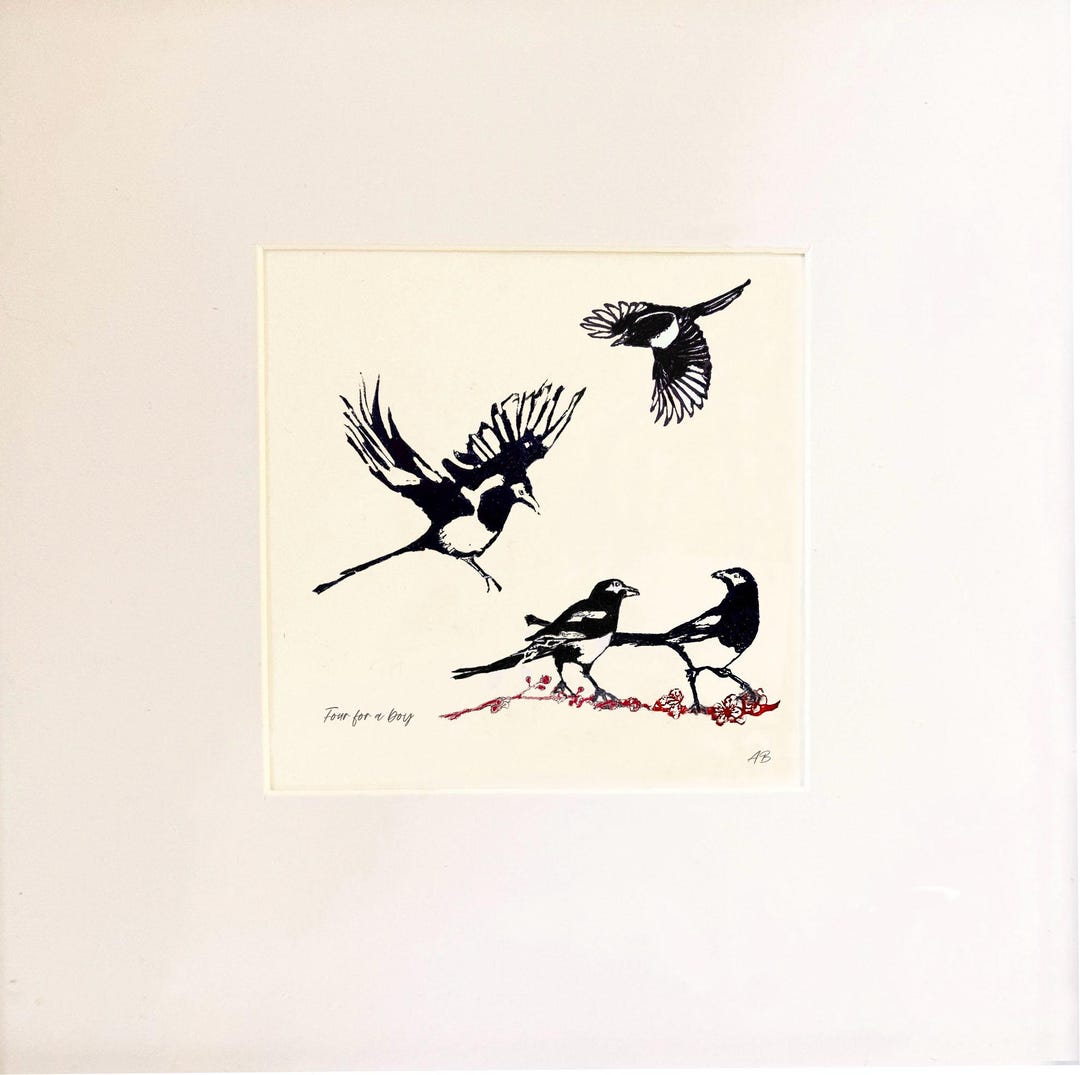 Four Magpies. Four for a Boy. Hand Carved, Hand Printed Linocut Print ...
