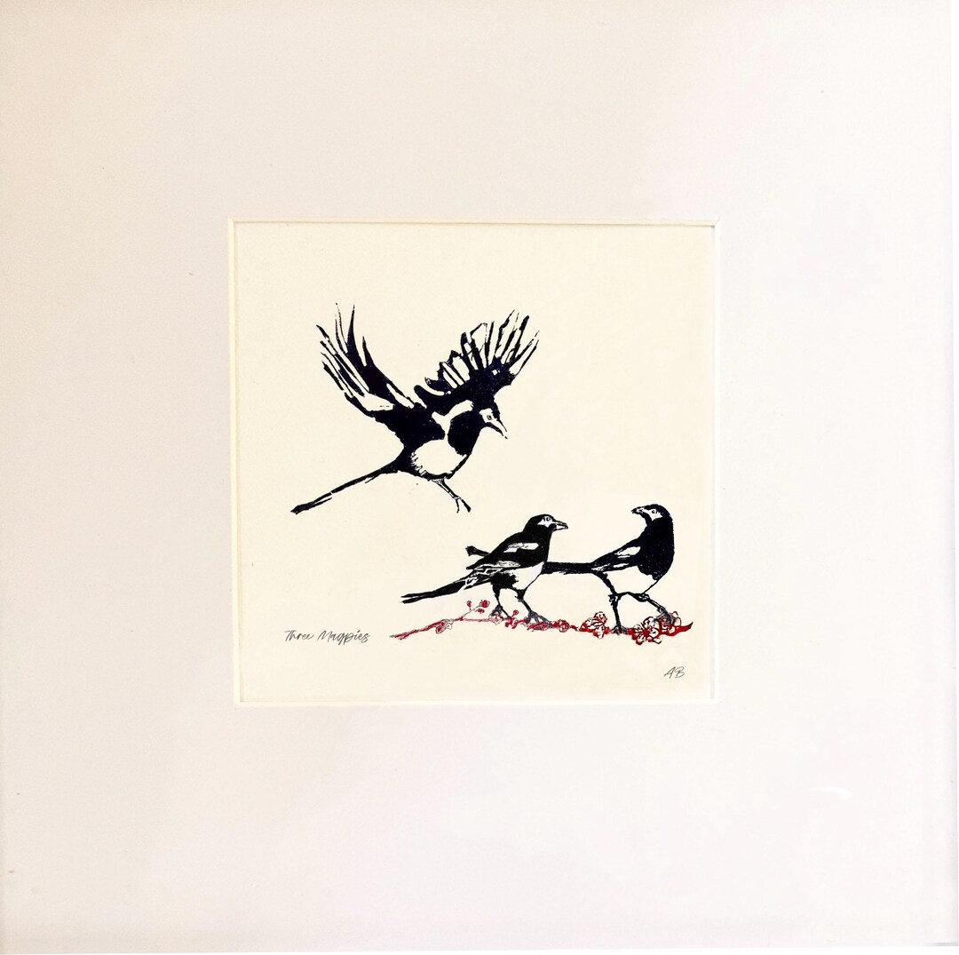 Three Magpies. Three for a Girl. Hand Carved Linocut, Hand Printed. - Etsy