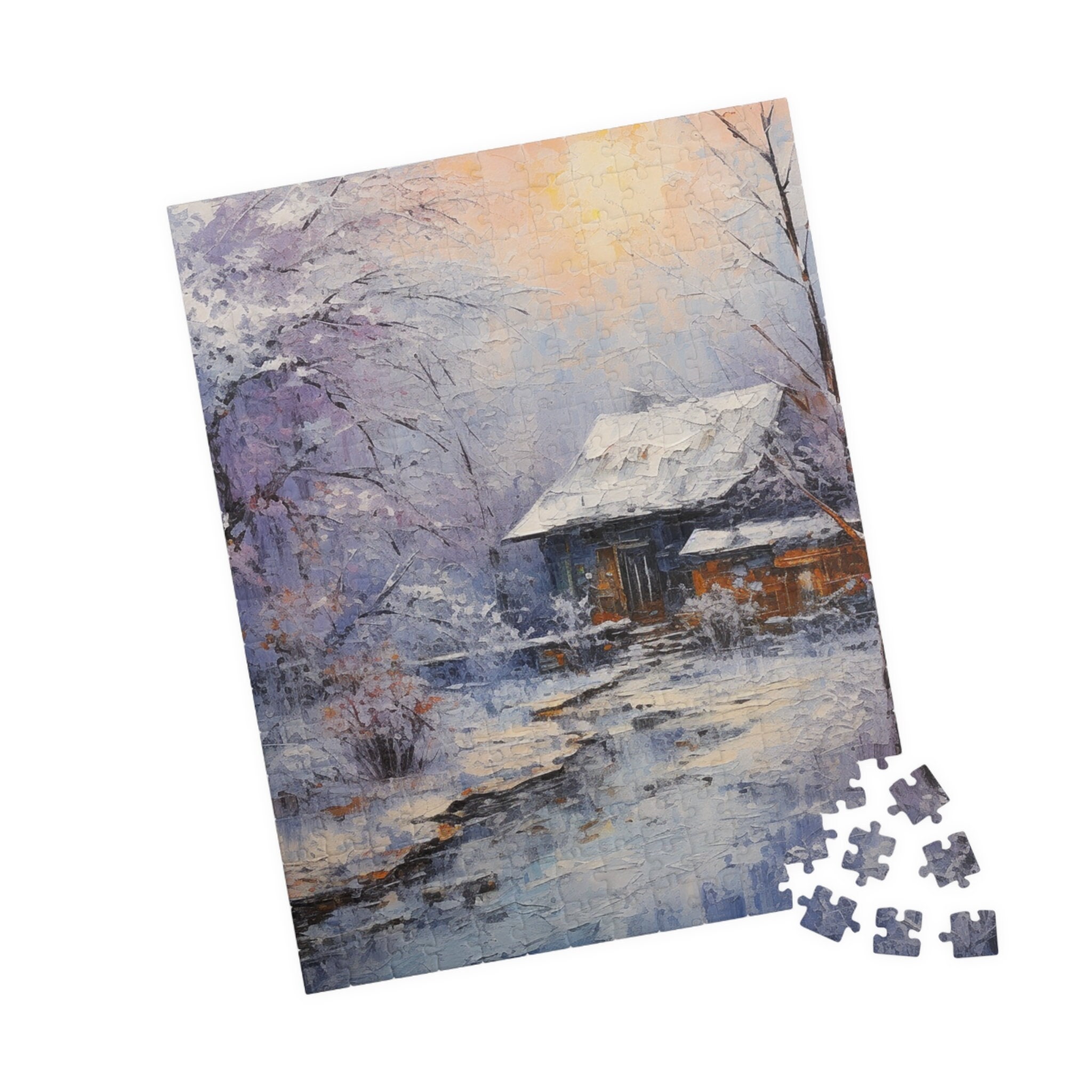Winter River Cabin Jigsaw Puzzle Perfect Game Pair W Puzzle Table ...