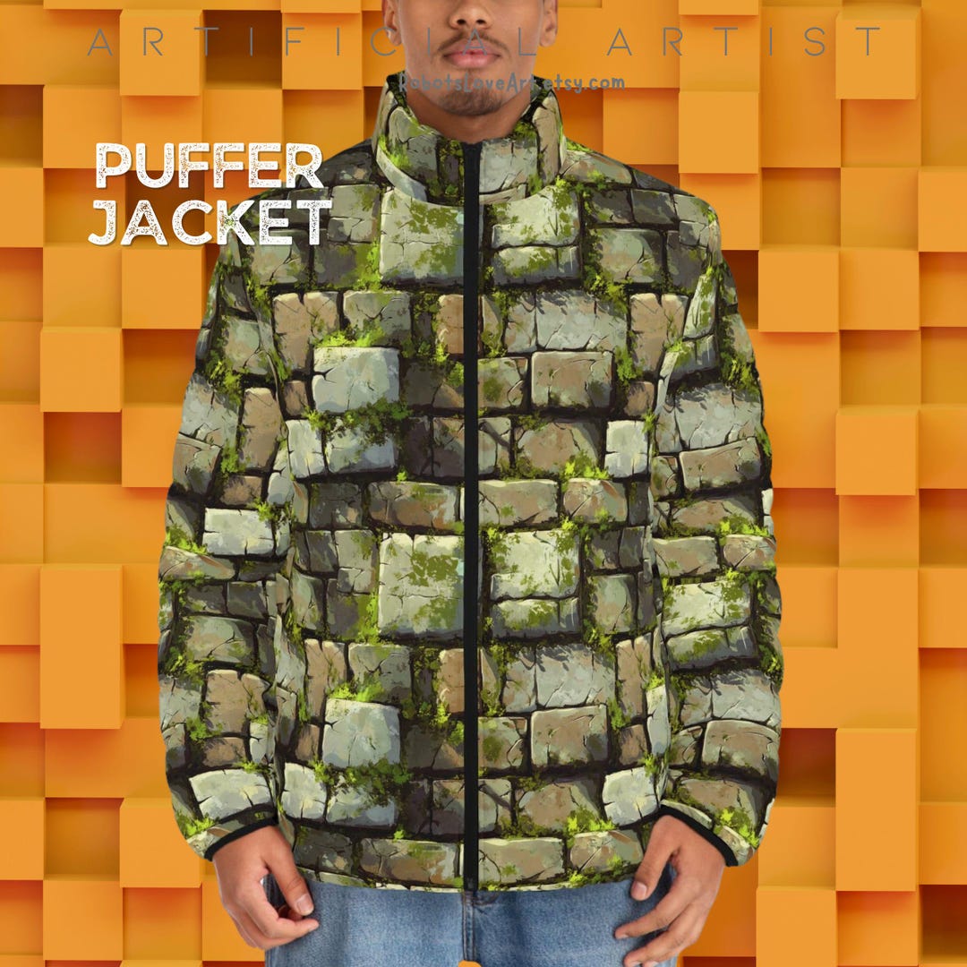 Puffer Jacket, Minecraft Wall Grunge Mossy Green, Gamer Gift, Winter ...