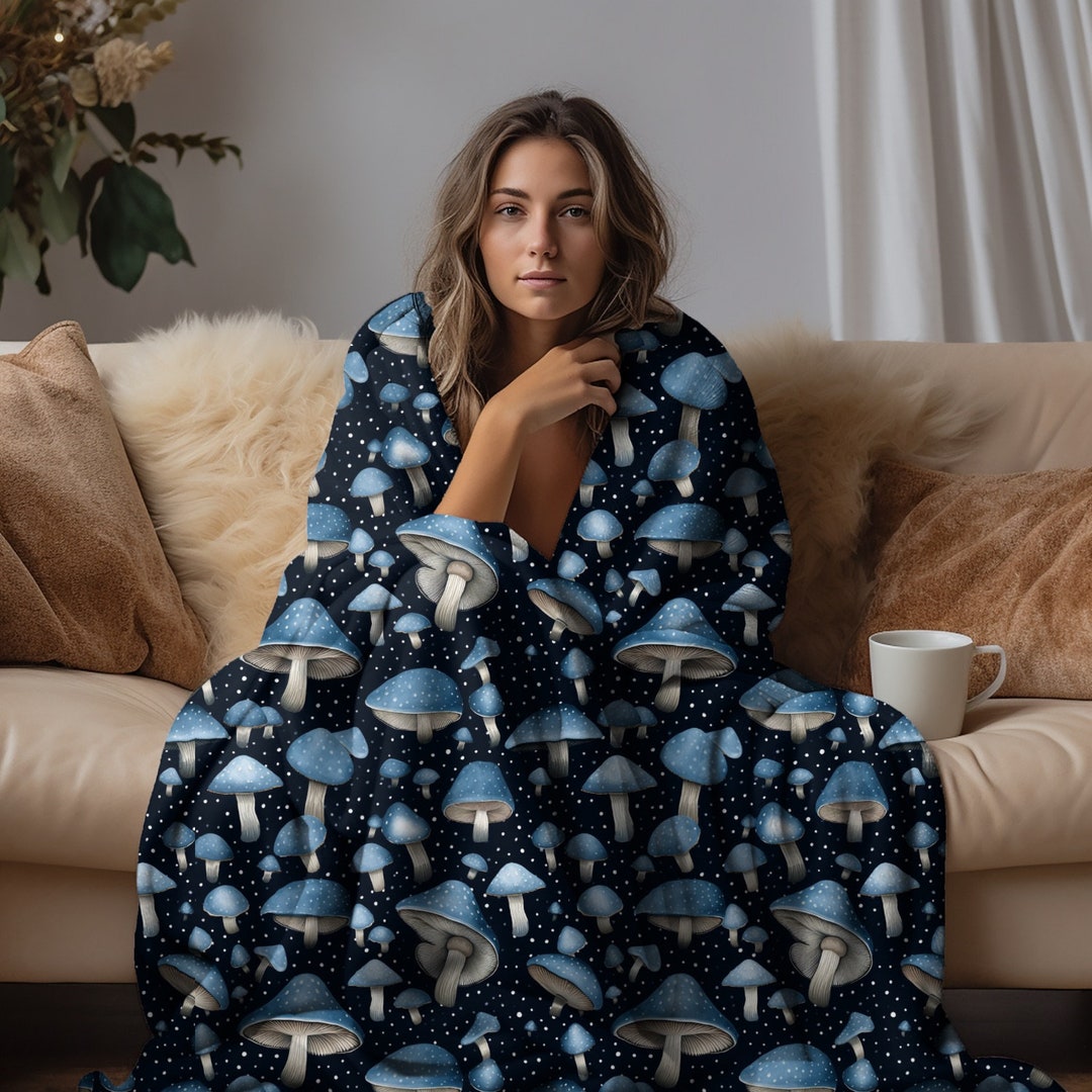 Blue Denim Mushroom Velveteen Plush Blanket, Gift for Her, Gift for Him, Gift for Stoner, Cozy ...