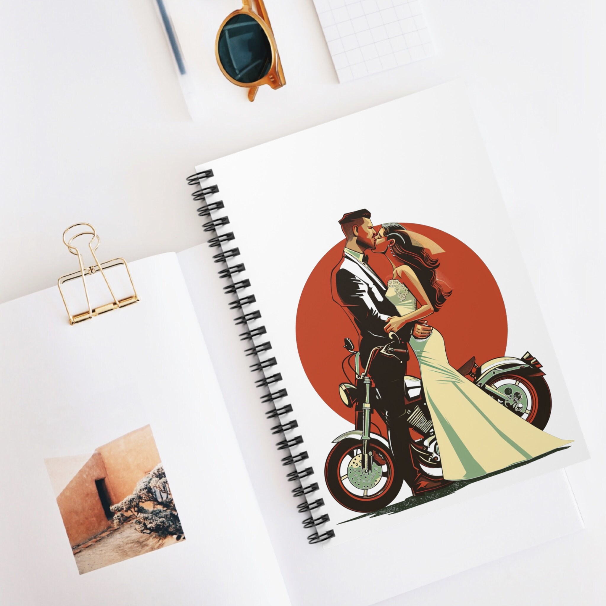 Kissing Sunset Motorcycle Wedding Couple Spiral Notebook Ruled Line ...