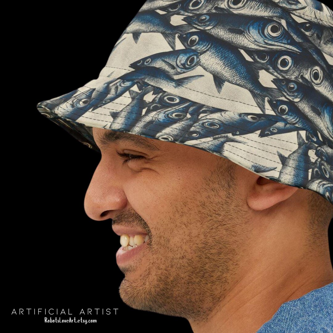 Sea Colored Bucket Hat, Fishermans Super Long Blue Bait Fishes Pattern ...