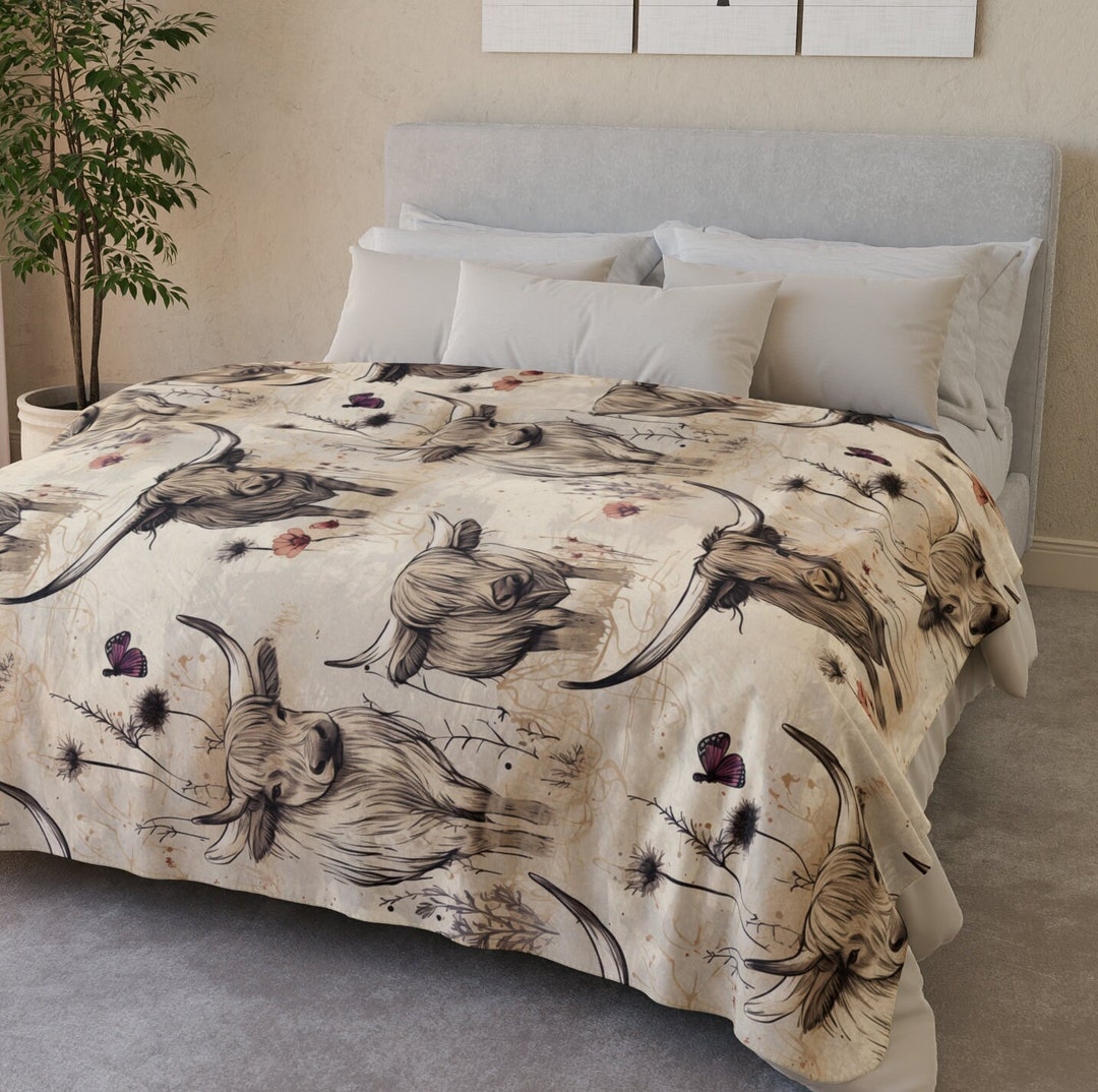 Cottagecore Highland Cow Pattern Blanket Fleece Sherpa Highland Cow ...