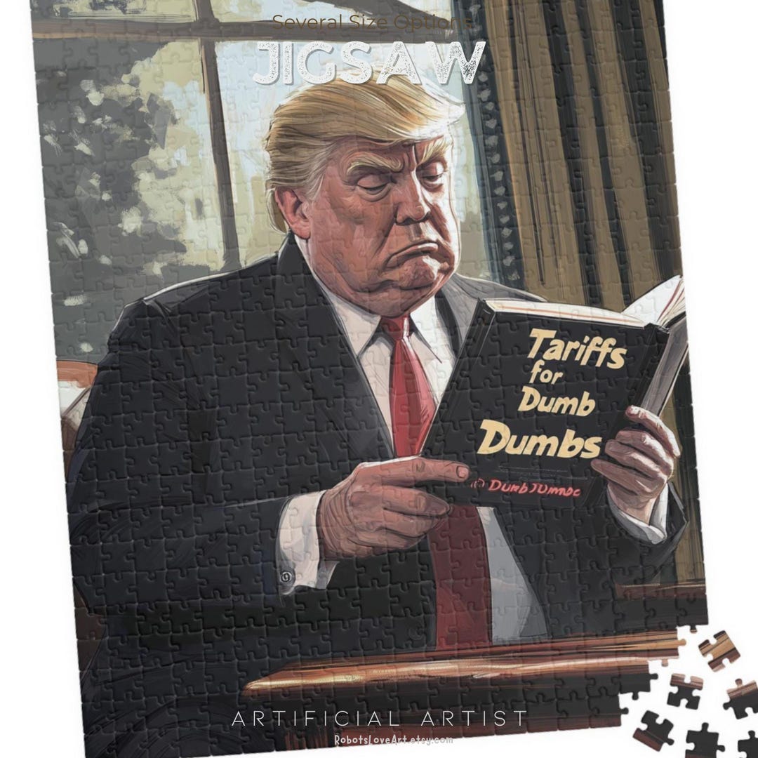 Jigsaw Puzzle, President Trump Caricature Reading Book Tarrifs for ...