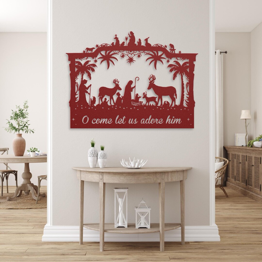 O Come Let Us Adore Him, Nativity Metal Wall Decor, Manger Scene ...