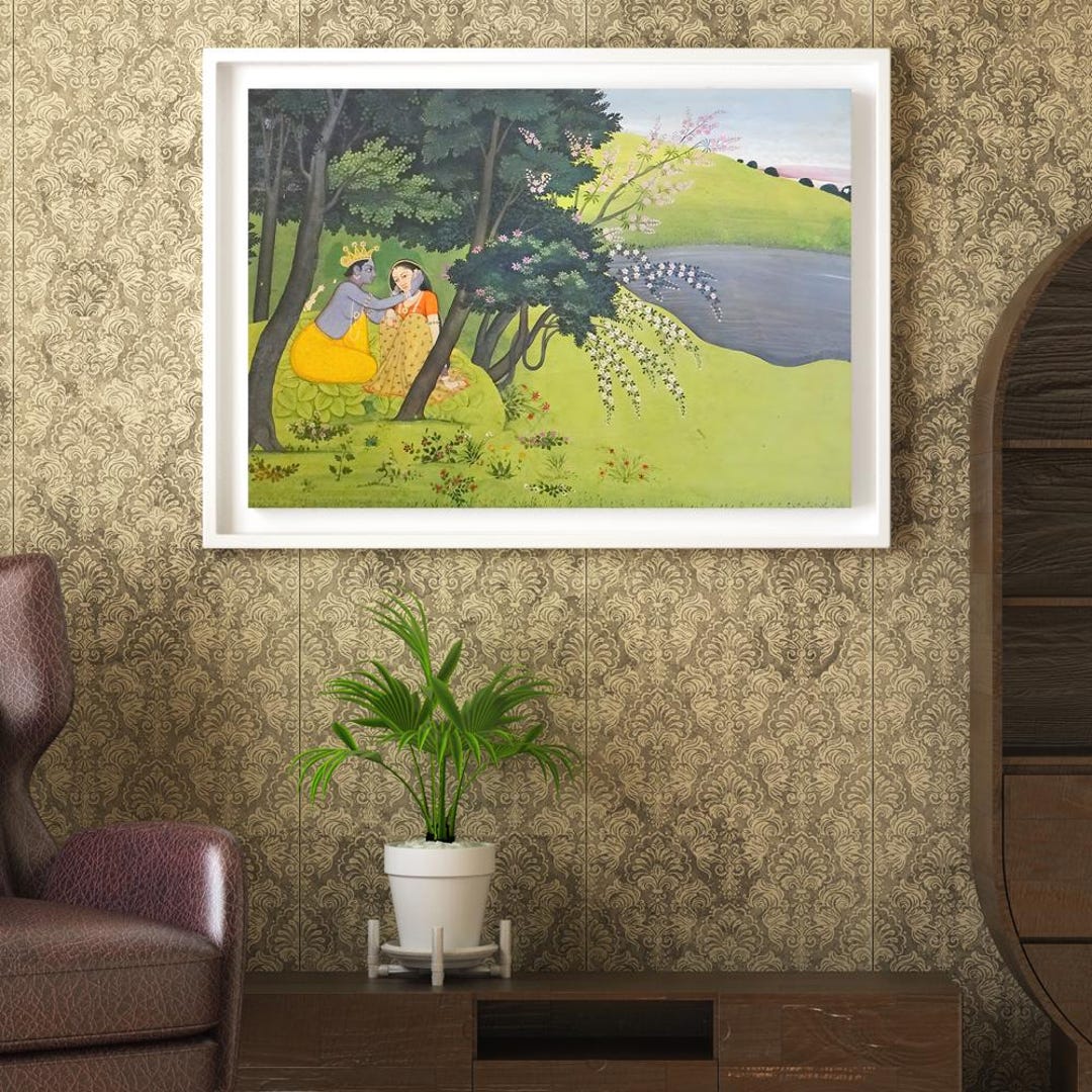 Radha Krishna Painting: Vrindavan Landscape, Divine Love Art - Etsy