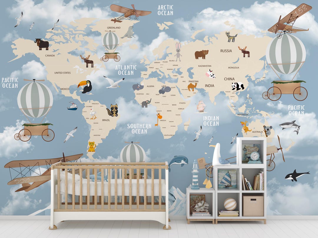 Whimsical Animal World Map Wallpaper | Kids Room & Nursery Decor ...