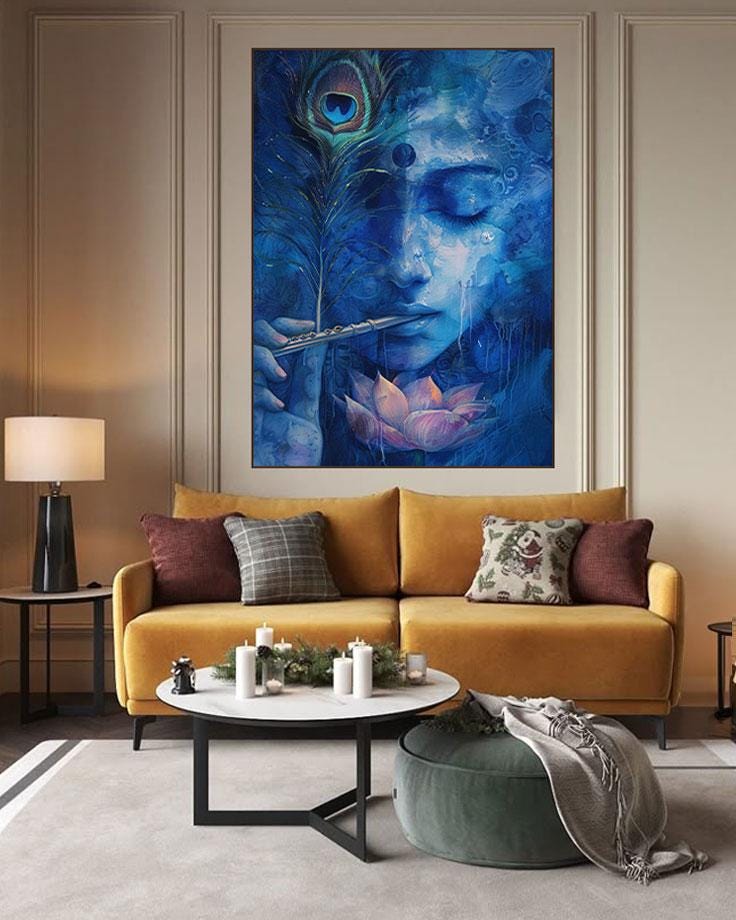 Krishna Canvas Painting – Blue Lotus Flute Artwork, Hindu Decor - Etsy