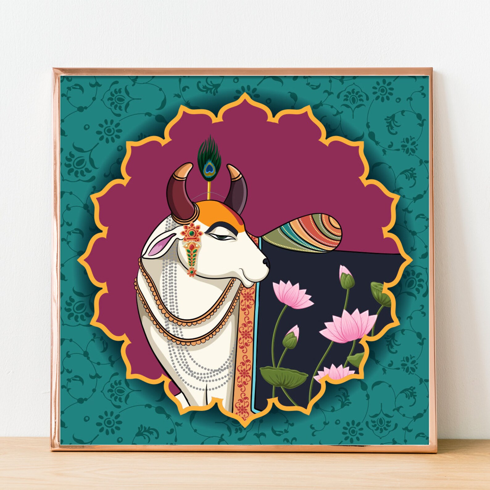 Pichwai Holy Cow Painting: Indian Lotus Wall Art - Etsy