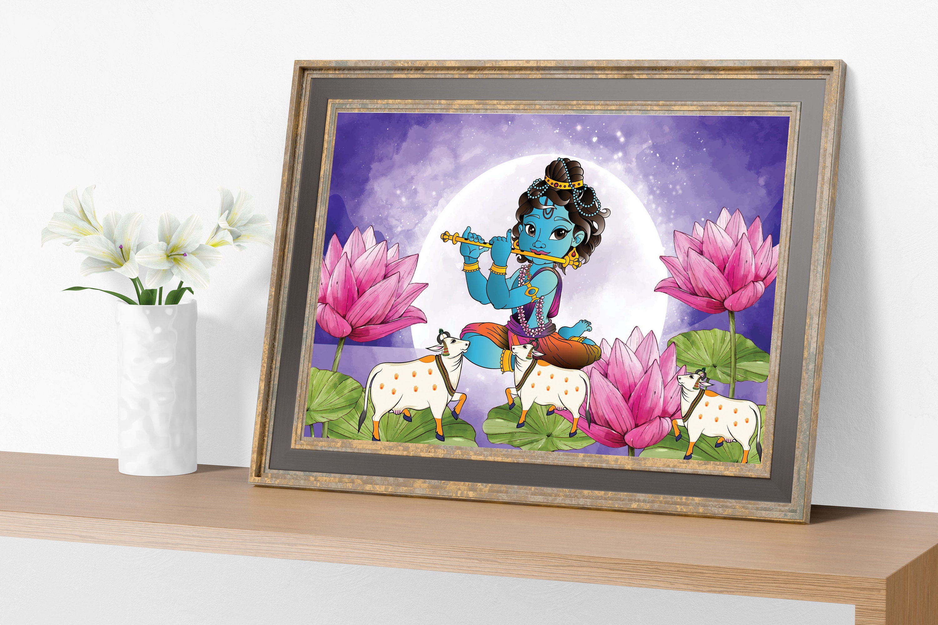 Lord Krishna Canvas Wall Painting Bal Krishna Playing Flute Colorful ...