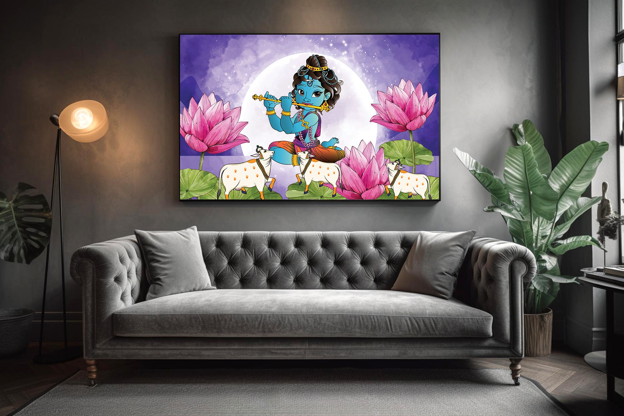 Lord Krishna Canvas Wall Painting Bal Krishna Playing Flute Colorful ...