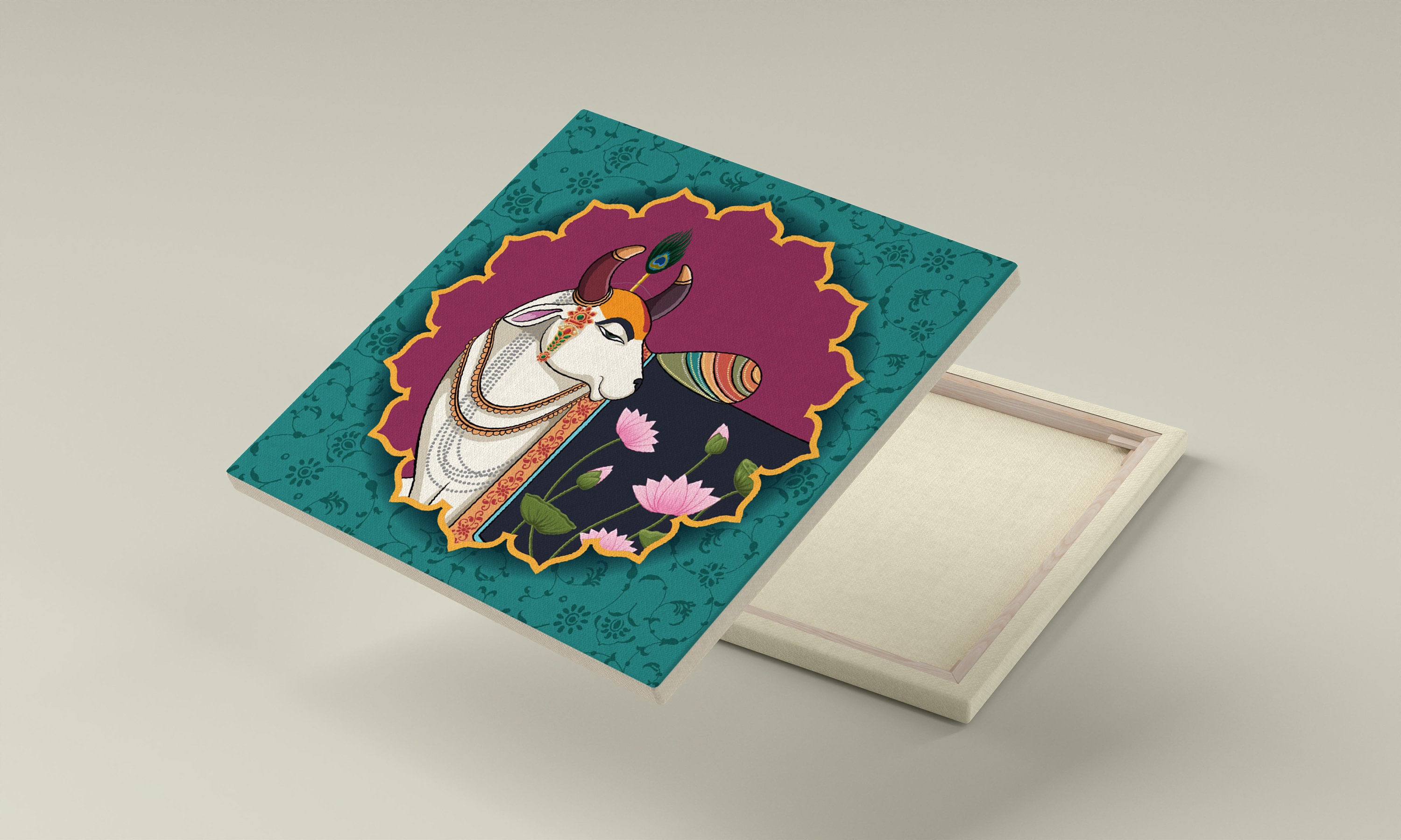 Pichwai Holy Cow Painting: Indian Lotus Wall Art - Etsy