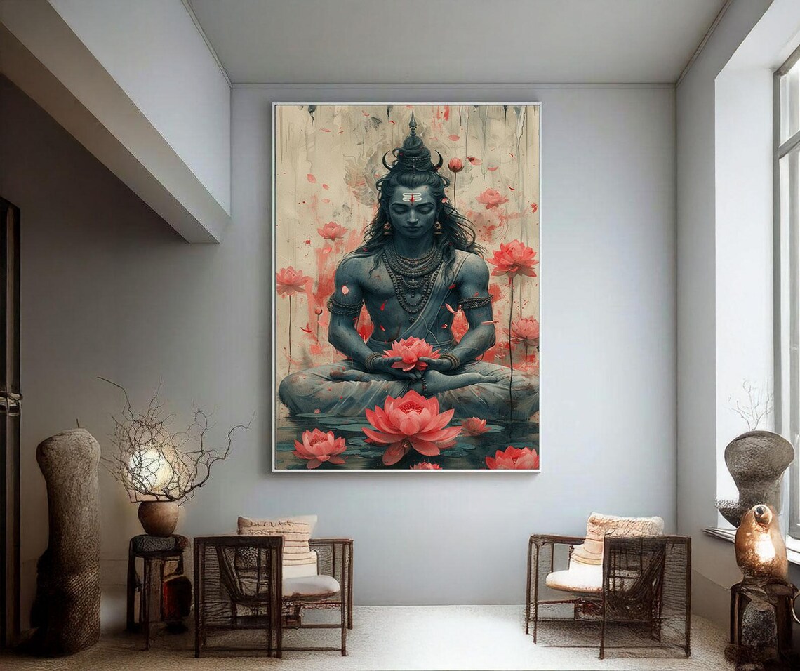 Lord Shiva Lotus Canvas Painting: Spiritual Meditation Wall Art - Etsy