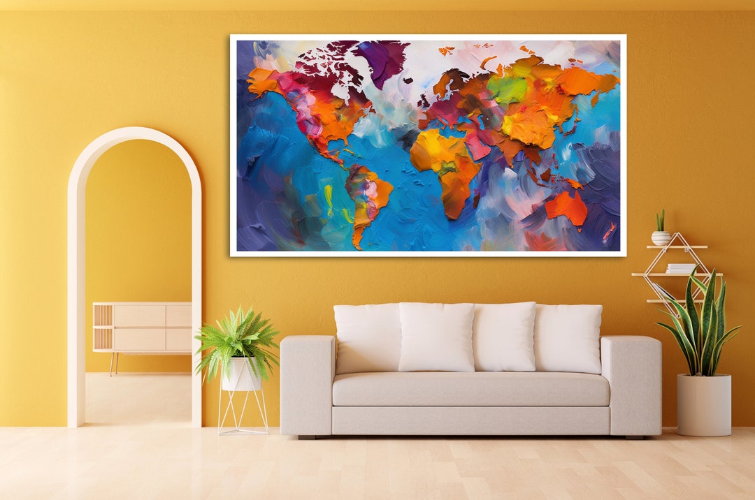 Large Colorful World Map Wall Art | World Map Wall Painting for Living ...
