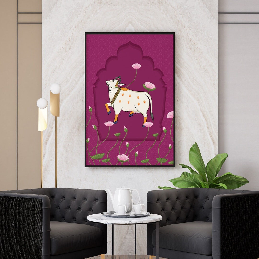 Pichwai Holy Cow Canvas Painting | Pichwai Cow and Lotus Large Wall Art ...