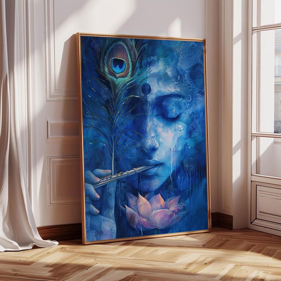 Krishna Canvas Painting – Blue Lotus Flute Artwork, Hindu Decor - Etsy
