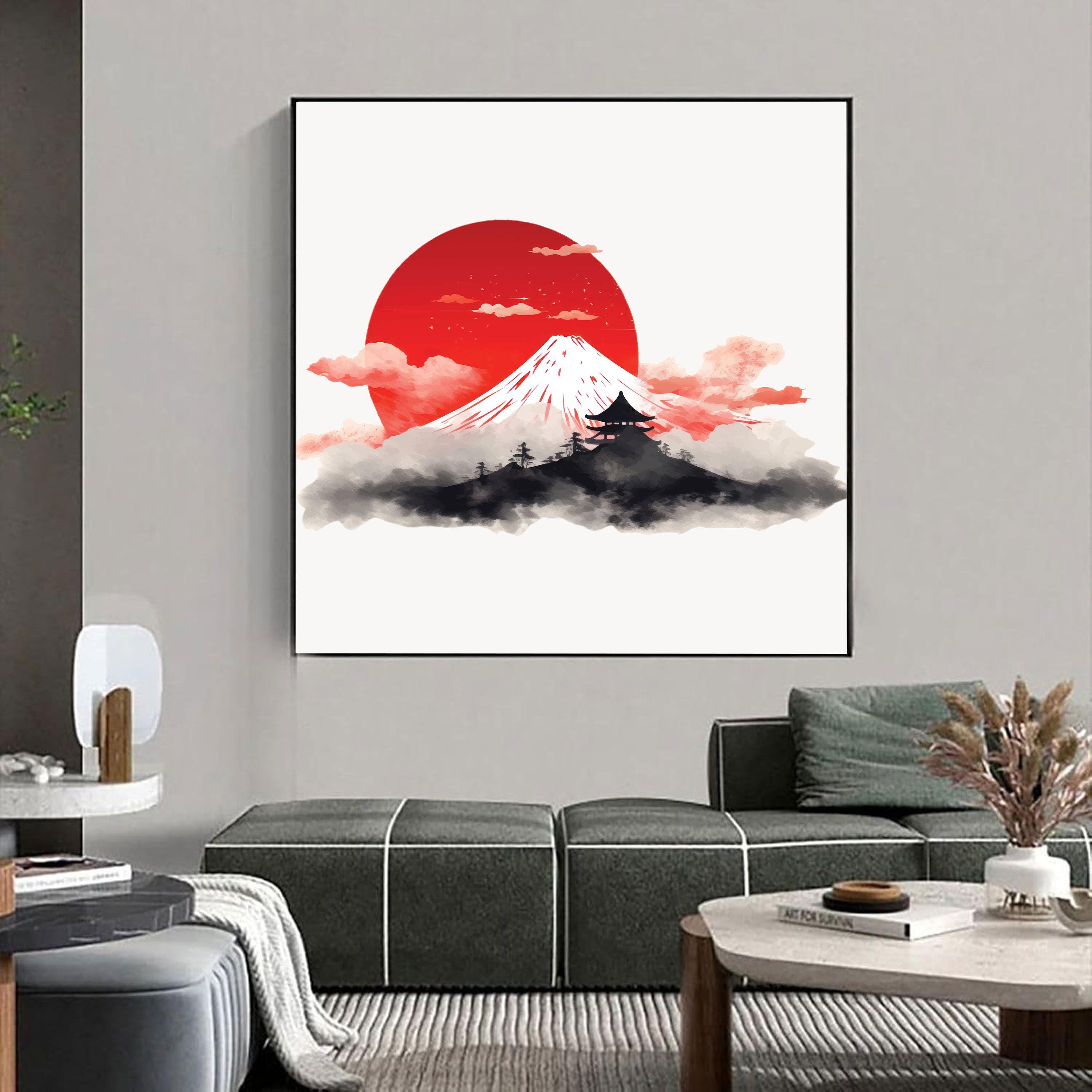 Mount Fuji Canvas Painting | Japanese Red Sun Temple Landscape Zen Wall ...