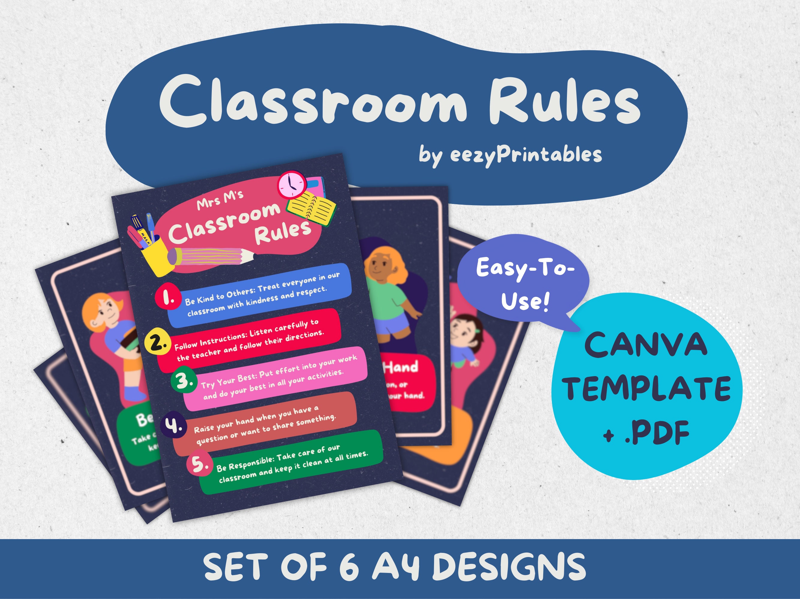 Classroom Rules Printable Set of 6, Classroom Sign, School Print ...